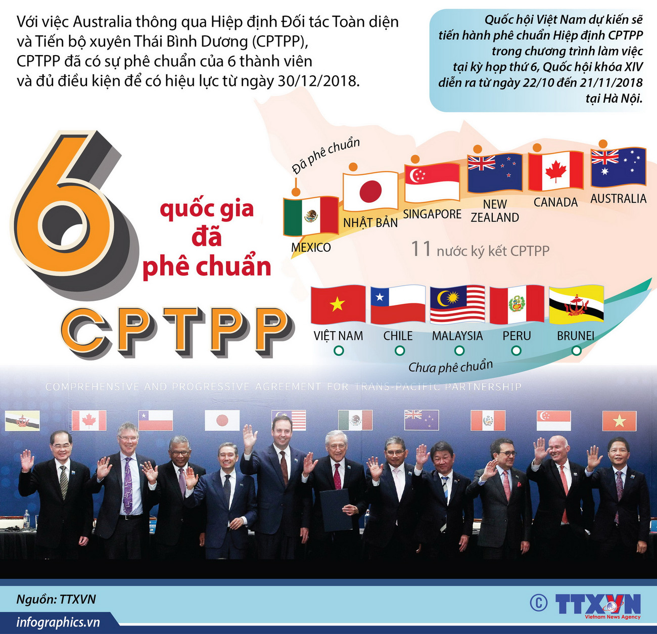 [Infographics] Sáu quốc gia đã phê chuẩn Hiệp định CPTPP | Vietnam+ (VietnamPlus)