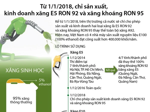 Chỉ kinh doanh xăng E5 RON 92 và xăng RON 95 từ 1/1/2018 | Vietnam+ ...