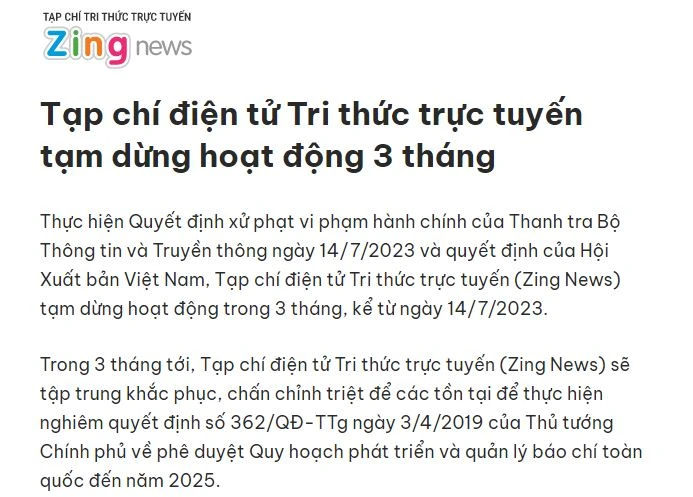 Xử phạt hành chính Tạp chí Điện tử Tri thức trực tuyến Zing News | Vietnam+ (VietnamPlus)