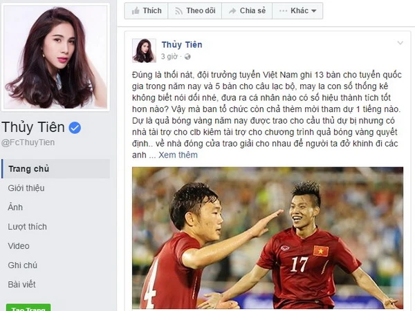 Thủy Tiên tức giận vì Công Vinh không được dự Gala Quả bóng vàng | Vietnam+ (VietnamPlus)